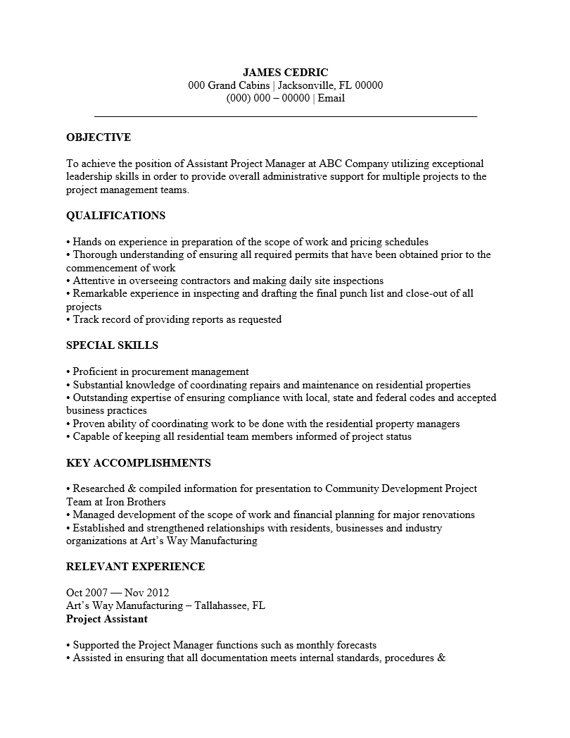 Assistant Project Manager Resume Template Resume Templates