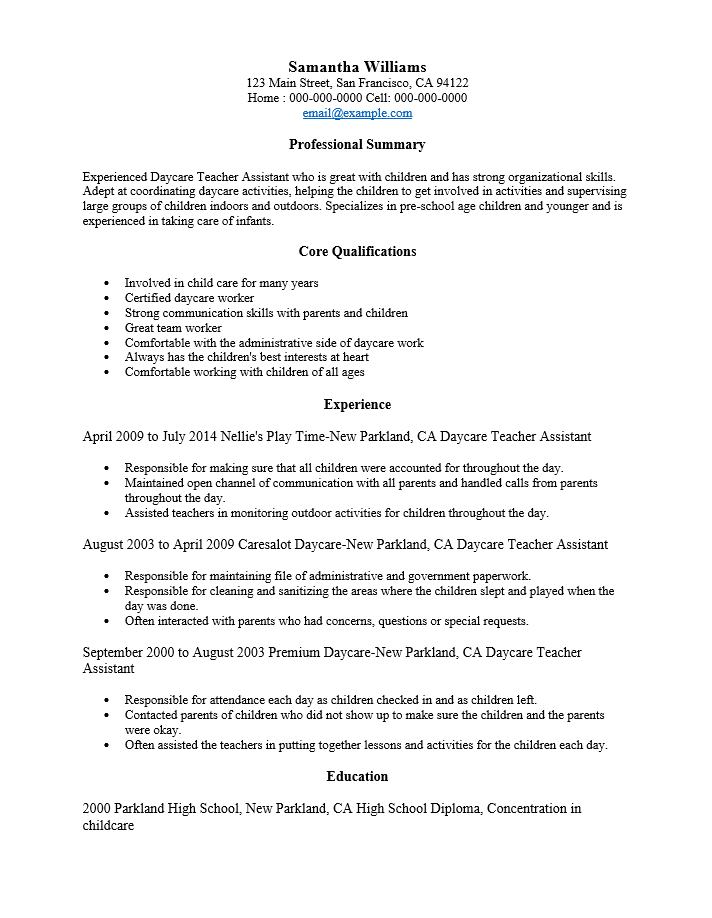 Day Care Teacher Resume Template Resume Templates